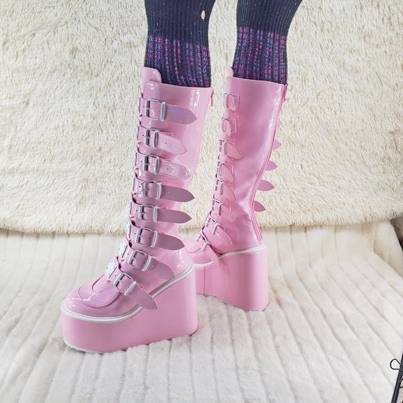 Demonia | Shoes | Pink Hologram Knee High Festival Platform Boots ...